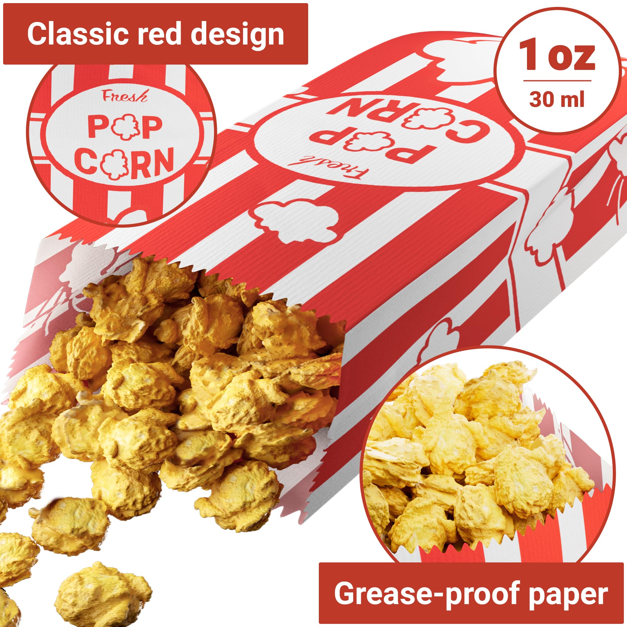 Concession Popcorn Scoop + 10 oz Salt Pepper Dredge Shaker + [100-pcs] 1 oz Red Popcorn Bags (Carnival Theme, Customizable) Bundle