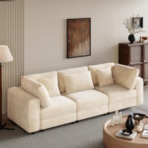 royard oaktree modern upholstered sofa with armrests, 3-seater corduroy fabric sofa couch with removable back cushions and 5 pillows, comfy couch for living room, apartment, studio, office, beige