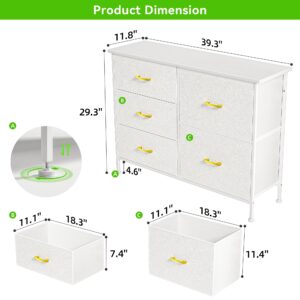 YILQQPER Dresser for Bedroom with 5 Drawers, Dresser TV Stand for 45" TV, Wide Bedroom Dresser Storage Organizers, Fabric Chest of Drawers, Dresser for Living Room, Closet, White