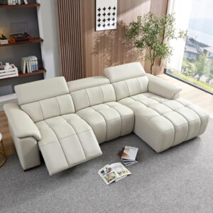 TURRIDU Oversized Genuine Leather L Shaped Sofa, Modern Electric Control Seat 3-Seater Couch with USB Interface, Power Recliner, Reclining Sectional Sofa with Console& Single Left Recliner, Beige