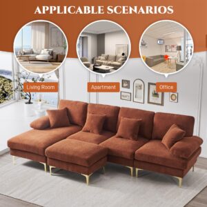 OUYESSIR 110" U Shaped Sectional Sofa Couch for Living Room, 4 Seater Sofa Convertible L-Shaped Chenille Couch Set with Chaise Lounge, Ottoman and Pillows, Orange