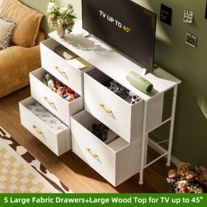 YILQQPER Dresser for Bedroom with 5 Drawers, Dresser TV Stand for 45" TV, Wide Bedroom Dresser Storage Organizers, Fabric Chest of Drawers, Dresser for Living Room, Closet, White