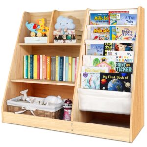 3 tier wooden bookshelf for kids: five layer sling children bookcase - toddler book toy organizer cabinet chest for playroom nursery classroom library