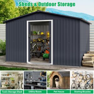 Zstar 10 x 8 FT Outdoor Storage Shed, Metal Storage Shed with Updated Frame Structure, Lockable Doors and Sloped Roof, Large Storage Shed for Backyard Garden Patio Lawn, Gray