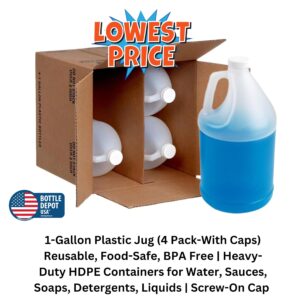 BOTTLE DEPOT USA 4 PACK 1-Gallon Empty Plastic Jugs, Reusable With Shipping Box, Food-Safe, BPA Free | Heavy-Duty HDPE | With White Tamper Evident Screw Caps