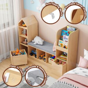 Kids Bookcase with Reading Nook, Bench Kids Bookshelf with 7 Storage Cubbies and 2 Movable Drawers, Multi-Purpose Toy Storage Organizer with Seat Cushion for Playroom, Bedroom, Living Room, Oak