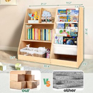 3 Tier Wooden Bookshelf for Kids: Five Layer Sling Children Bookcase - Toddler Book Toy Organizer Cabinet Chest for Playroom Nursery Classroom Library