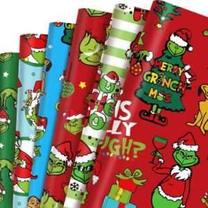 12 sheets christmas grich wrapping paper,funny cartoon character pattern wrapping paper for christmas party birthday party diy gift packing, 20 x 27 inch