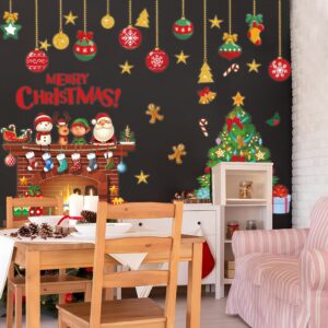 Christmas Wall Decals Christmas Tree Wall Stickers Christmas Ball Fireplace Decals Stickers Removable Merry Christmas Wall Decorations for Xmas Party Bedroom Living Room Office Home Decor, 4 Sheets