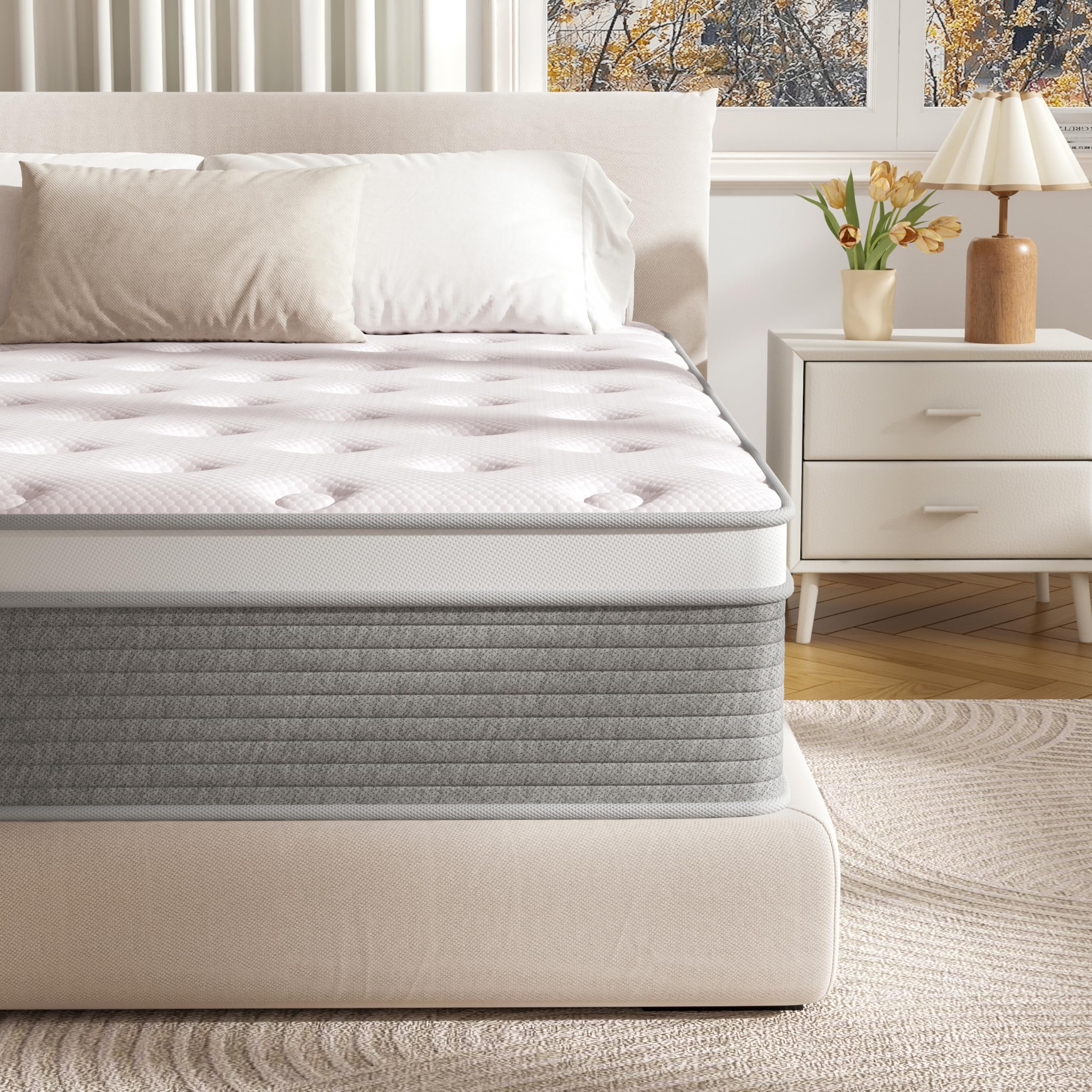 Queen Mattress, 12 Inch Queen Size Mattress Hybrid Design Memory Foam Queen Mattress in a Box for Cooling Sleep Pressure Relief Supportive Fiberglass Free