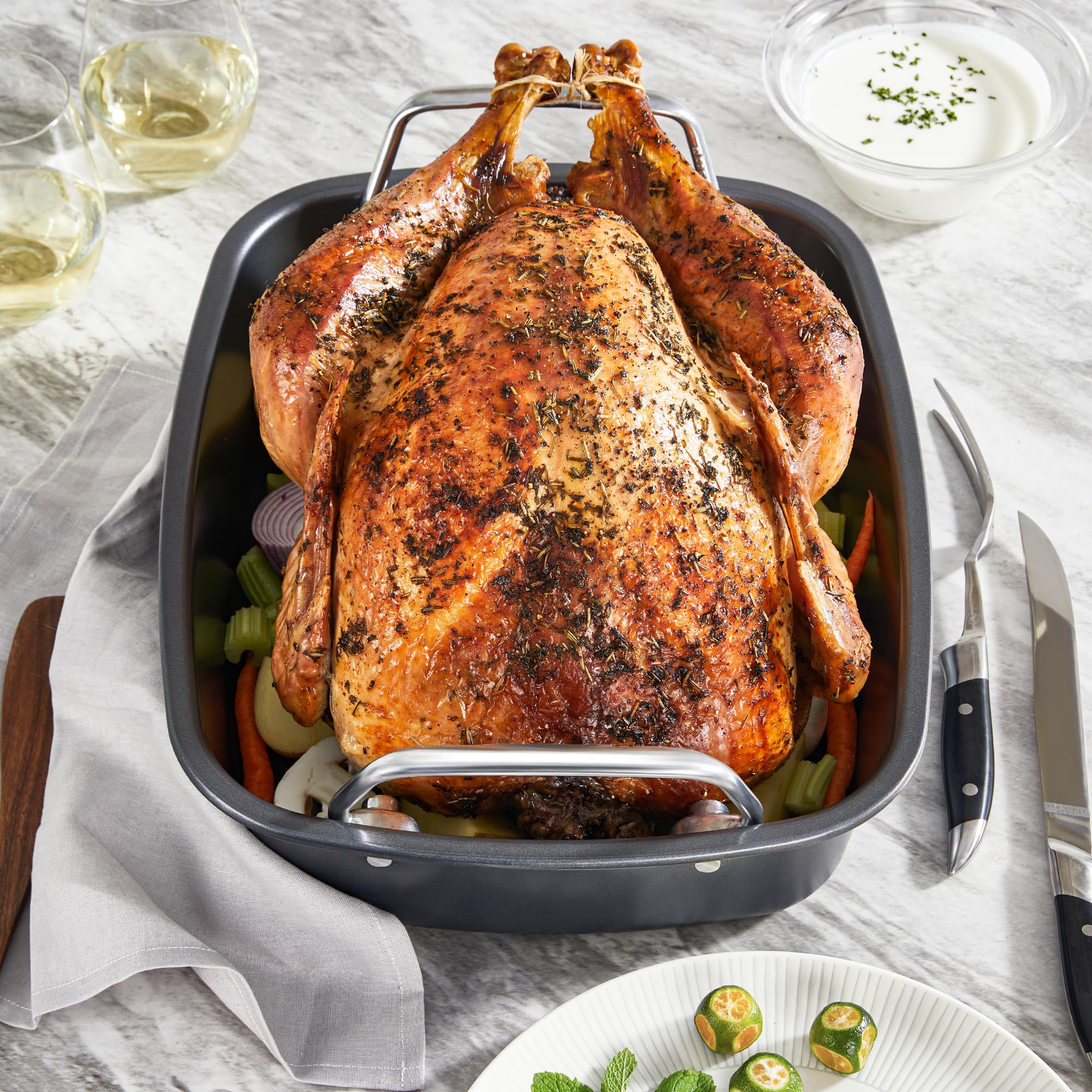 Absorated Roasting Pan with Rack - 17x13.6 Inch Large Turkey Roaster Pan - Double Ply Non-Stick Coated Turkey Pan for Oven - Hold Up to 24 Lbs Chicken, Gray