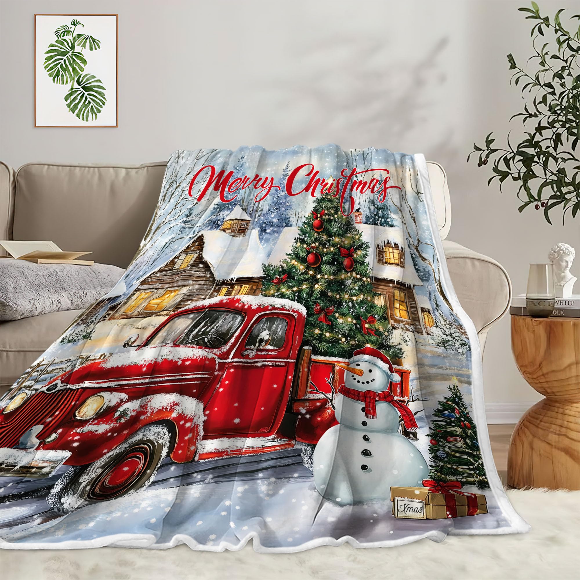 Merry Christmas Blanket, Vintage Red Truck Xmas Tree Winter Snow Snowman Rustic Retro Farmhouse Throw Blanket, for Kids Lightweight Soft Plush Blankets Couch Sofa Bed Blanket 50"X60"in