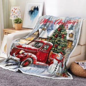 merry christmas blanket, vintage red truck xmas tree winter snow snowman rustic retro farmhouse throw blanket, for kids lightweight soft plush blankets couch sofa bed blanket 50"x60"in