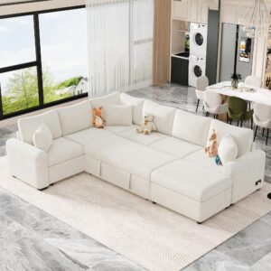 112.2” sectional sofa pull out sofa bed sleeper with a storage ottoman, 3 pillows and charging devices, modern oversized modular sectional sofa couch with pull out bed for living room, beige