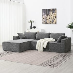 VnndeNest 111" Modular Sectional Couch, Comfy Chenille Fabric Floor Sofa, L-Shape Sectional Sofa with Chaise Lounge, Free Combination Foam-Filled Sleeper Sofa for Living Room, Apartment, Grey