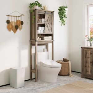 linsy farmhouse over the toilet storage cabinet, bathroom organizer with sliding barn door and adjustable shelves, light brown