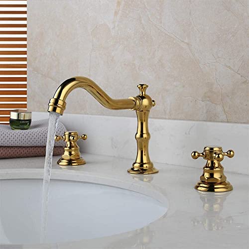 Bathroom Kitchen Basin Mixer Tap Sink Faucet 2 Handles 3Pcs Gold Bathroom Basin Faucet Bathtub Tap-Golden Plated