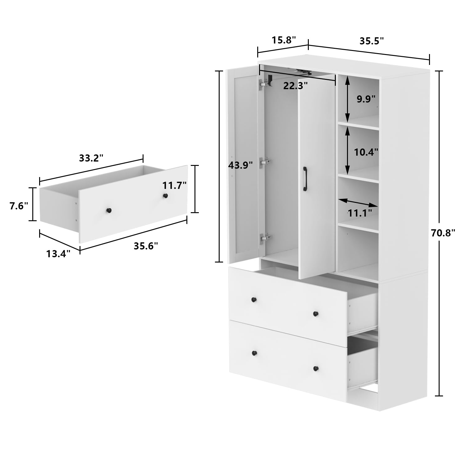 Hitow 2 Door Wardrobe Armoire Closet with Mirror, 35.5" W Wooden Wardrobe Cabinet with Hanging Rod & 2 Drawers, Bedroom Armoire Dresser Wardrobe Clothes Organizer, White