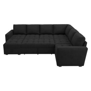 HONBAY Modular Sectional Sleeper Sofa with Pull Out Bed, Velvet Convertible L Shaped Sectional Couch with Storage Seat, Sectional Couches for Living Room, Balck