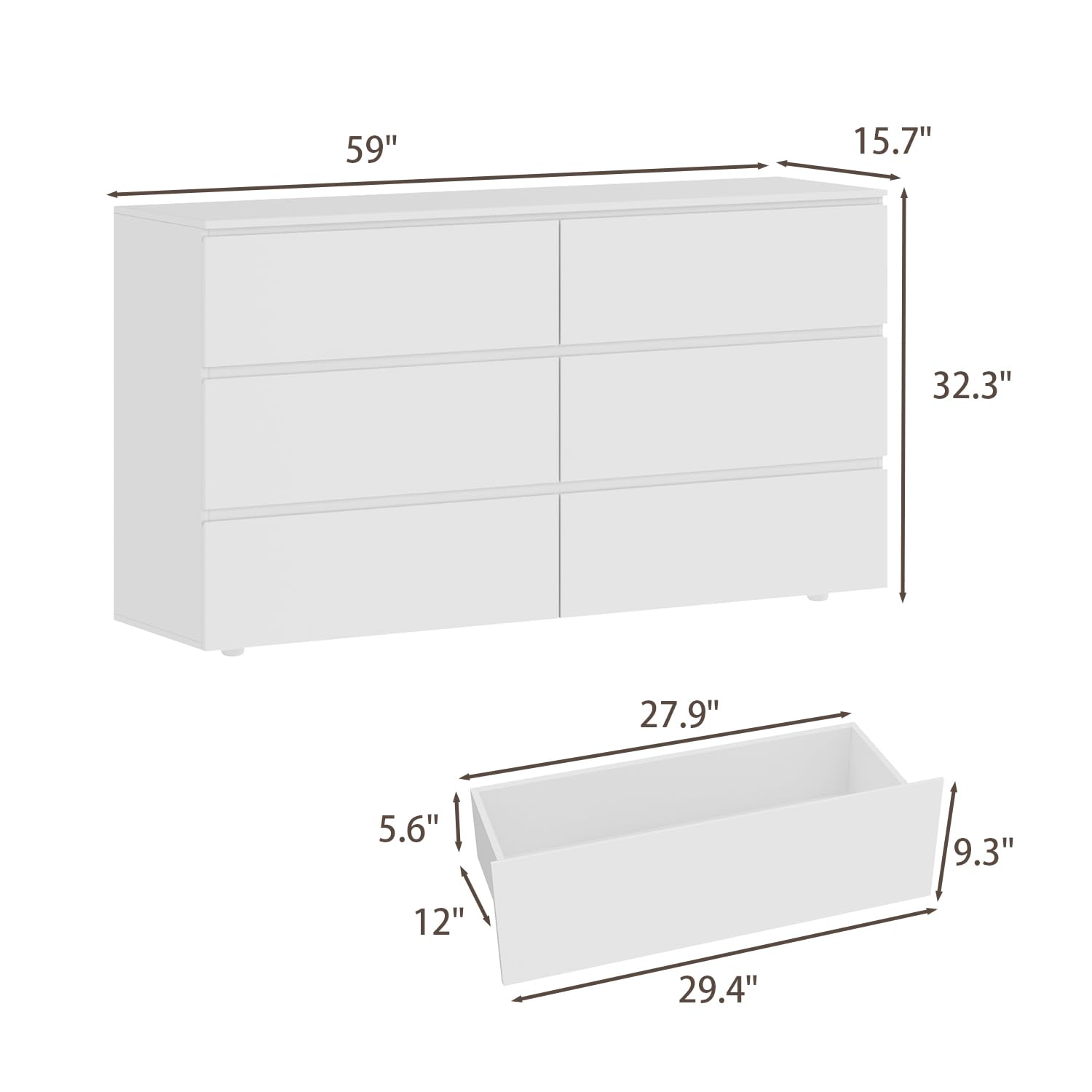 AIEGLE 6 Drawer Dresser for Bedroom, White Handle-Free Dresser Chest with Pop-Out Drawers, Wood Storage Chest of Drawers for Bedroom Organize (59" W x 15.7" D x 32.3" H)