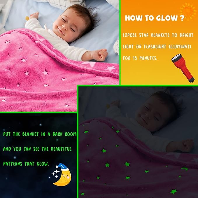 Glow in The Dark Blanket, Star Theme, for Toddlers and Girls Aged 3-15, Perfect for Home, Car, Outdoors, Winter, Thanksgiving, Christmas, Birthday, Presents, Gifts, Holidays