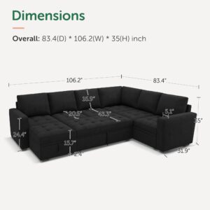 HONBAY Modular Sectional Sleeper Sofa with Pull Out Bed, Velvet Convertible L Shaped Sectional Couch with Storage Seat, Sectional Couches for Living Room, Balck