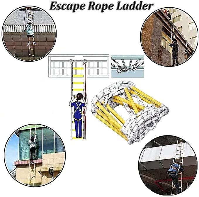 Fire Escape Rope Ladder, Emergency Evacuation Telescopic Rungs Steps 2-10 Story Homes Multi-Purpose Flame Resistant, Simple Use with Carabiners