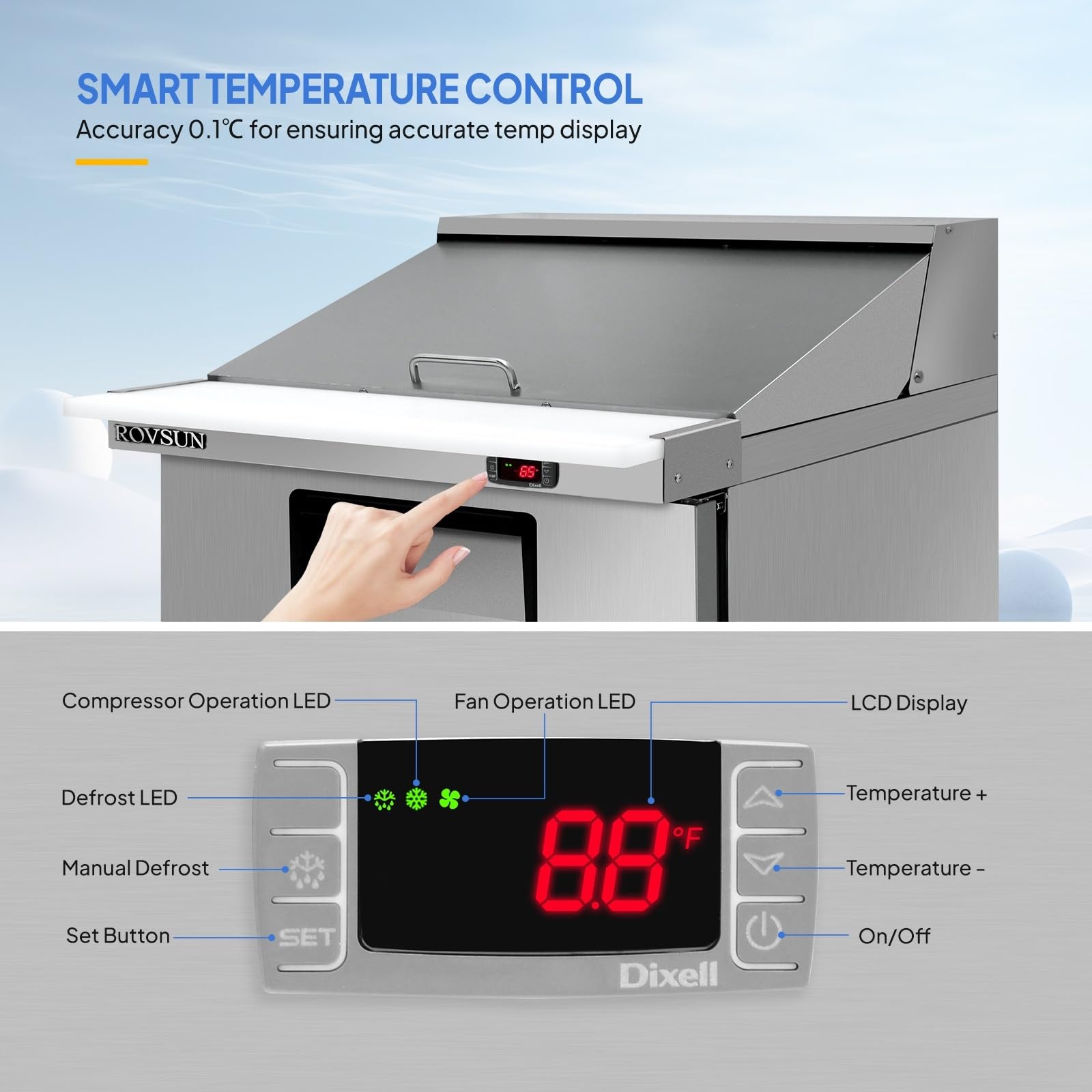 ROVSUN 7.1 Cu.Ft Commercial Refrigerator ETL NSF DOE, Sandwich & Salad Prep Table Refrigerator 27" Stainless Steel w/Cutting Board Food Pans Lockable Wheels for Restaurant, Bar, Shop