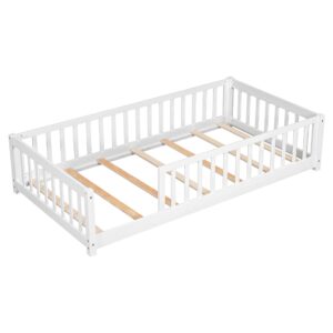 UOCFYK Toddler Twin Size Floor Bed with Fence for Kids,Solid Wood Bedframe,Easy to Assemble, No Box Spring Needed,White