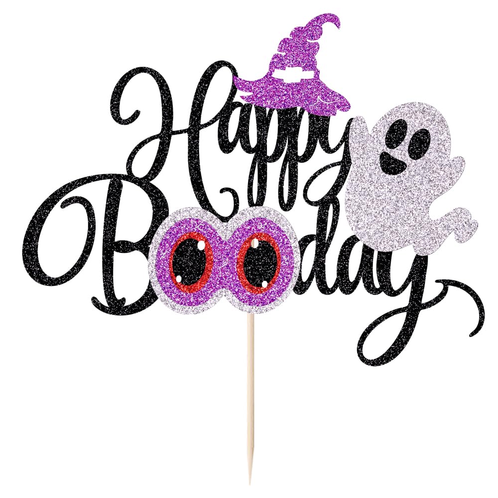 Ruscalin Halloween Happy Boo Day Cake Topper,Halloween Purple eyes Hat Silver flash ghost Cake Decoration ，ghost Halloween Theme for Kids Girl Baby Shower Birthday Party Supplies