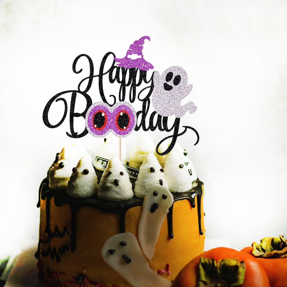 Ruscalin Halloween Happy Boo Day Cake Topper,Halloween Purple eyes Hat Silver flash ghost Cake Decoration ，ghost Halloween Theme for Kids Girl Baby Shower Birthday Party Supplies