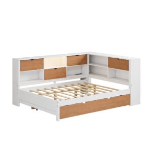 MERITLINE FullDaybed with Trundle, L-Shaped Bed Frame, Wood Platform Bed with LED Lights & USB Ports, Full Corner Bed with Trundle and Storage for Kids Teens Boys Girls, Walnut and White