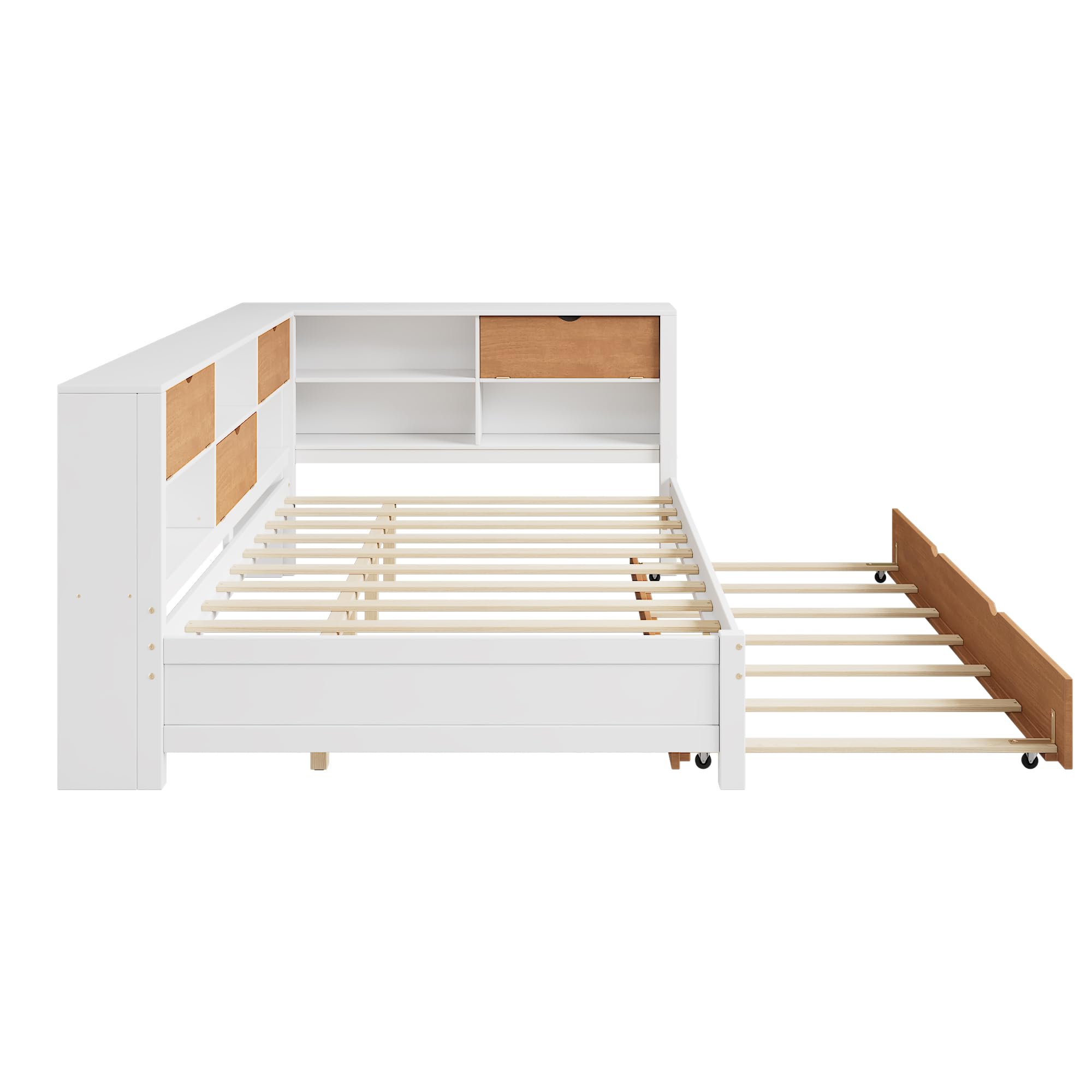 MERITLINE FullDaybed with Trundle, L-Shaped Bed Frame, Wood Platform Bed with LED Lights & USB Ports, Full Corner Bed with Trundle and Storage for Kids Teens Boys Girls, Walnut and White