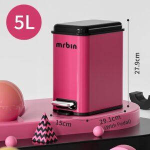 MRBIN Small Metal Bathroom Trash Can with Black Lid, Slim 5L/1.6 Gal Waste Basket for Bedroom, Touchless Garbage Bin with Stainless Steel Pedal for Narrow Kitchen, Office Retro Decor, Berry Pink