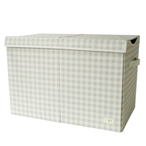 3 sprouts recycled fabric toy chest storage box - extra large toy storage box, sturdy toy bins - kids organizer for bedroom - toybox basket with lid for kids, toddlers, boys, girls - gingham beige