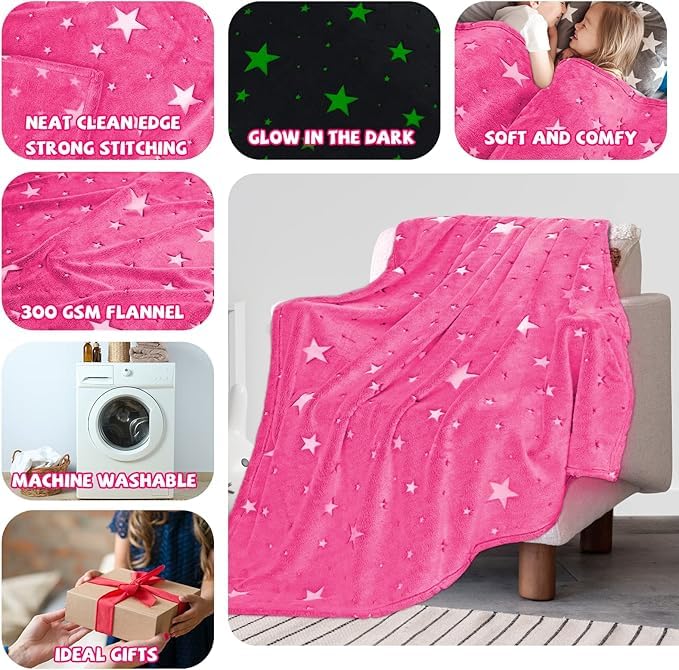 Glow in The Dark Blanket, Star Theme, for Toddlers and Girls Aged 3-15, Perfect for Home, Car, Outdoors, Winter, Thanksgiving, Christmas, Birthday, Presents, Gifts, Holidays