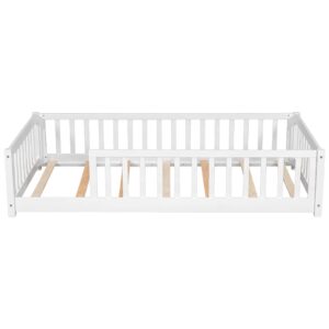 UOCFYK Toddler Twin Size Floor Bed with Fence for Kids,Solid Wood Bedframe,Easy to Assemble, No Box Spring Needed,White