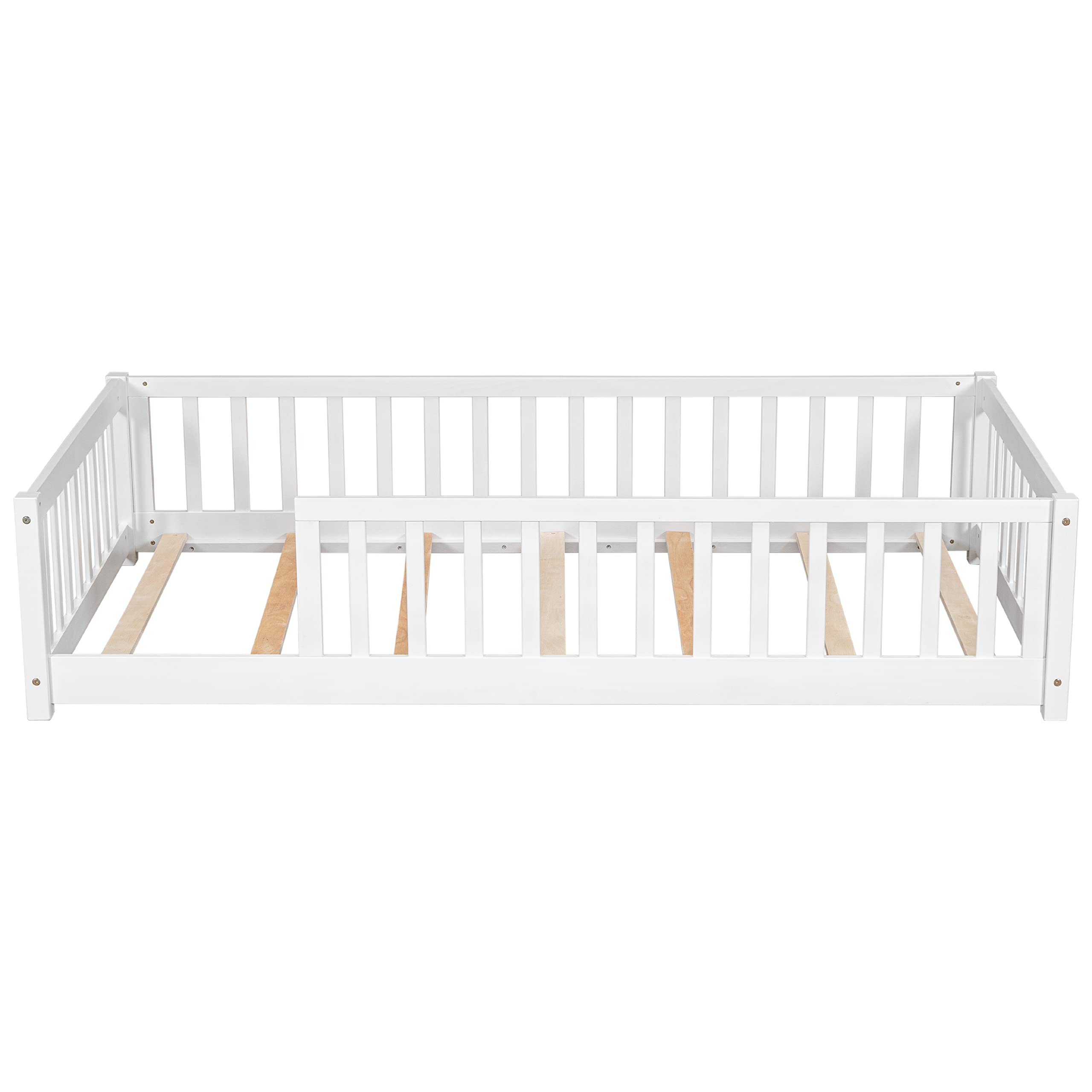 UOCFYK Toddler Twin Size Floor Bed with Fence for Kids,Solid Wood Bedframe,Easy to Assemble, No Box Spring Needed,White