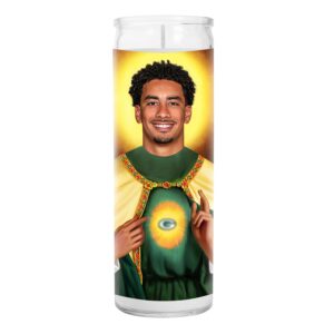 love celebrity prayer candle - funny saint pack candle - votive glass jar white gb candle - devotional candles for bay lovers - handmade soy wax candles - unique novelty gift for green football lovers