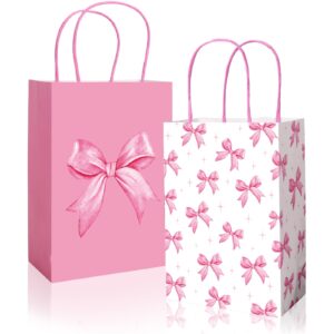 jarthenaamcs 24pcs pink bow paper gift bags cute bow knot treat bags with handles candy goodie bags grocery shopping bags for party favor supplies