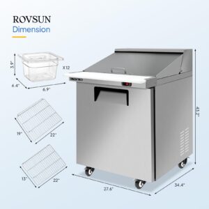 ROVSUN 7.1 Cu.Ft Commercial Refrigerator ETL NSF DOE, Sandwich & Salad Prep Table Refrigerator 27" Stainless Steel w/Cutting Board Food Pans Lockable Wheels for Restaurant, Bar, Shop