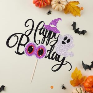 Ruscalin Halloween Happy Boo Day Cake Topper,Halloween Purple eyes Hat Silver flash ghost Cake Decoration ，ghost Halloween Theme for Kids Girl Baby Shower Birthday Party Supplies