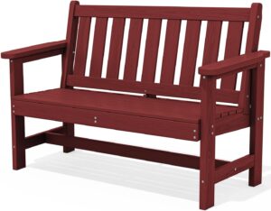 serwall outdoor bench, hdpe outdoor benches weatherproof, 2-person garden bench with 660 lbs weight capacity, patio benches for outdoors, garden, porch, backyard and park, red