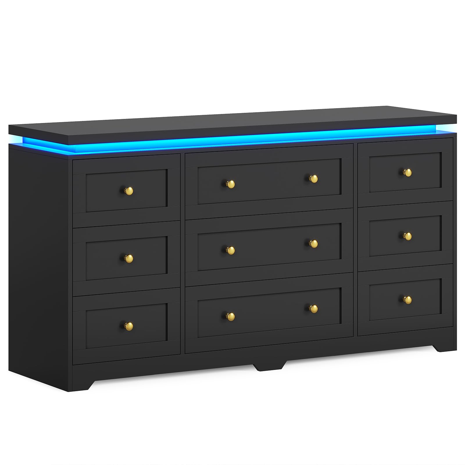 AOGLLATI Long Dresser for Bedroom, 55” Black 9 Drawer Dresser with Led Lights, Modern Large Wood Chest of Drawers, Led Wide Bedroom Dresser with Top Floating Design for Bedroom Hallway,Black