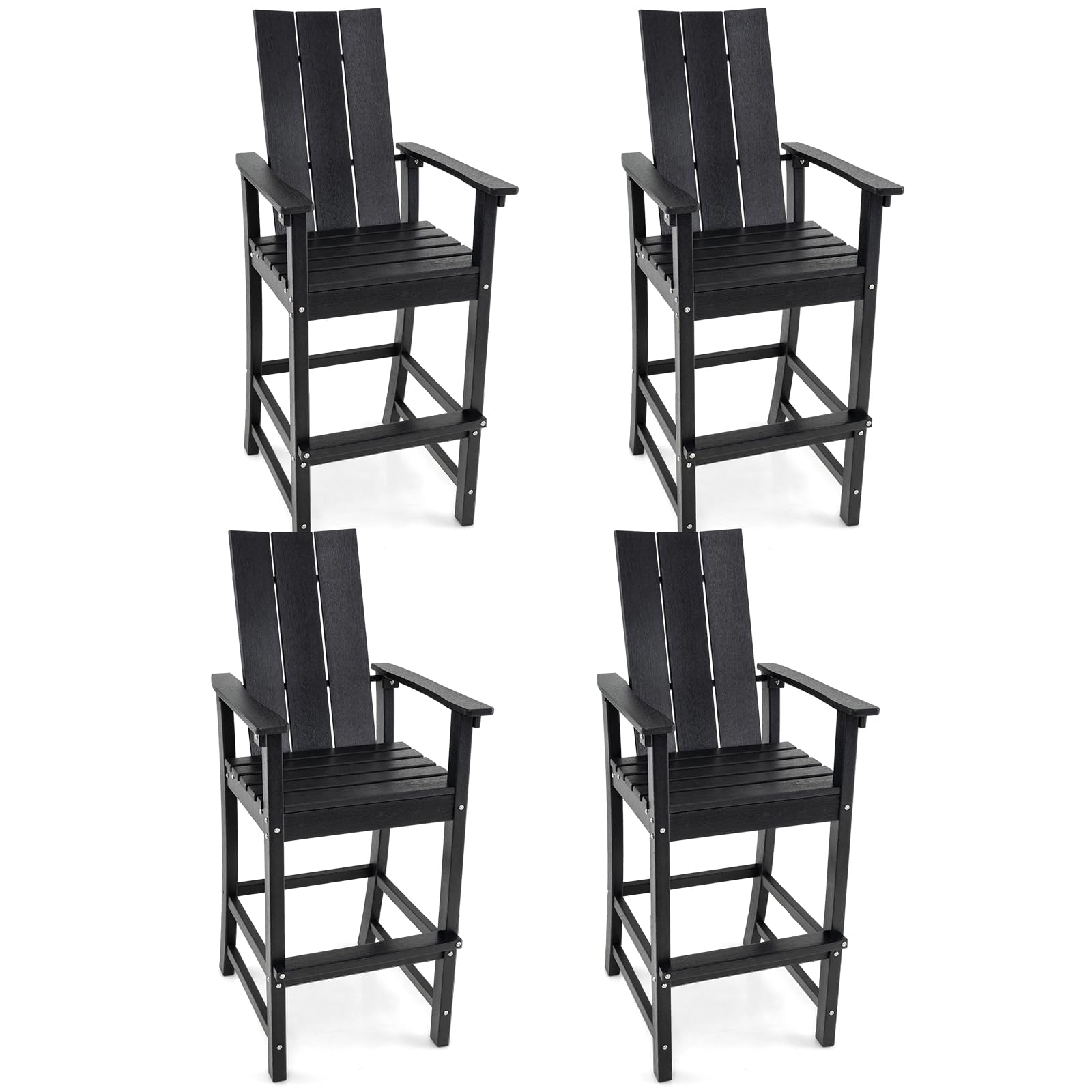 Giantex 52” Tall Adirondack Chair Set of 4, HDPE Outdoor Bar Stool with Ergonomic Backrest, Armrests, Footrest, Fire Pit Chair, All Weather Patio Bistro Chair for Yard, Garden, Lawn Chair (Black)