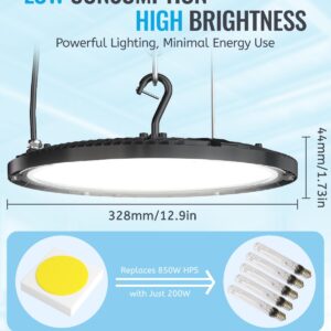 Fullmeii 200W 6 Pack UFO LED High Bay Light 28,000lm 5000K LED High Bay Lights with UL Listed US Hook 5' Cable Alternative to 650W MH/HPS for Gym Factory Barn Warehouse