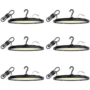 Fullmeii 200W 6 Pack UFO LED High Bay Light 28,000lm 5000K LED High Bay Lights with UL Listed US Hook 5' Cable Alternative to 650W MH/HPS for Gym Factory Barn Warehouse