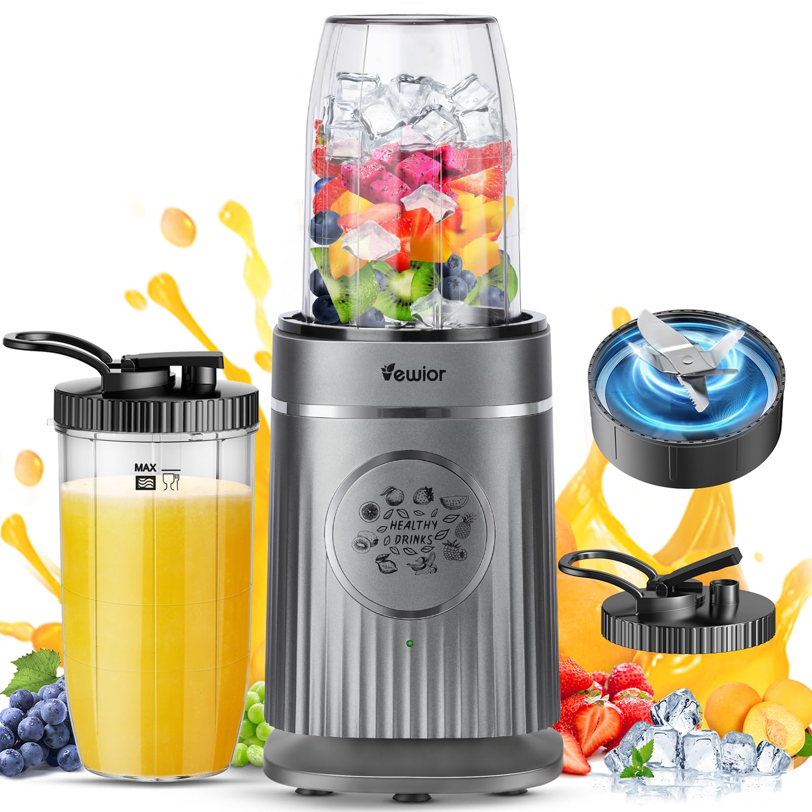 VEWIOR Smoothie Blender, Max 1500W Personal Blender Shakes and Smoothies 32 oz & 24 oz To-Go Cups, Countertop Portable Blenders Kitchen Ideal Frozen Juices Blender, Baby Food, Smoothies, Sauces