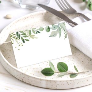 Whaline 100Pcs Greenery Place Cards 2 x 3.5 Inch Watercolor Eucalyptus Leaves Tent Name Cards Green Seat Assignment Labels for Wedding Baby Shower Party Table Setting Supplies