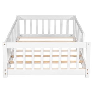 UOCFYK Toddler Twin Size Floor Bed with Fence for Kids,Solid Wood Bedframe,Easy to Assemble, No Box Spring Needed,White